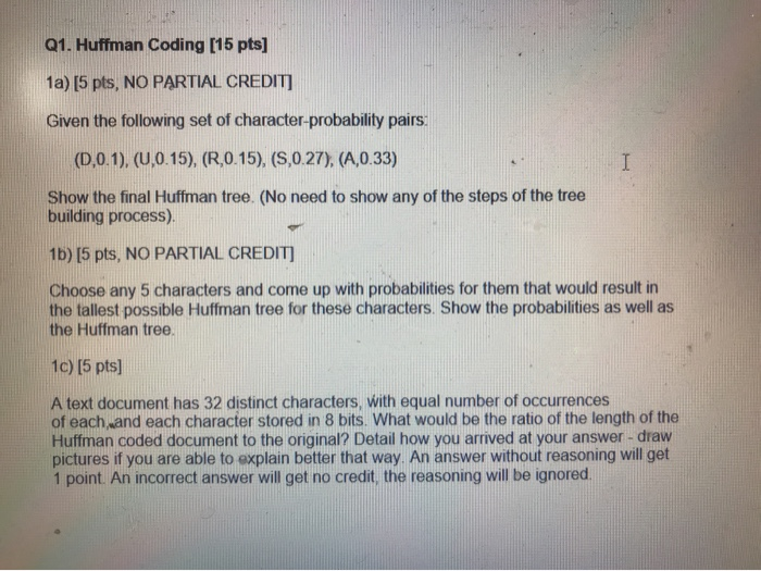 Solved Q1. Huffman Coding [15 pts] 1a) [5 pts, NO PARTIAL | Chegg.com