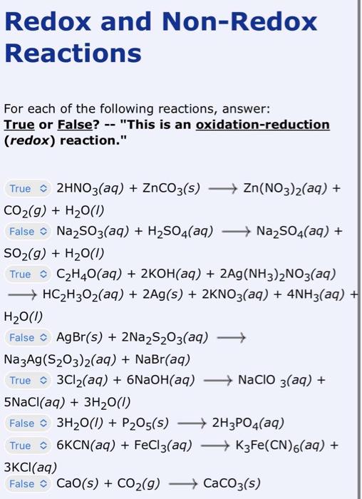Solved Redox and Non-Redox Reactions For each of the | Chegg.com