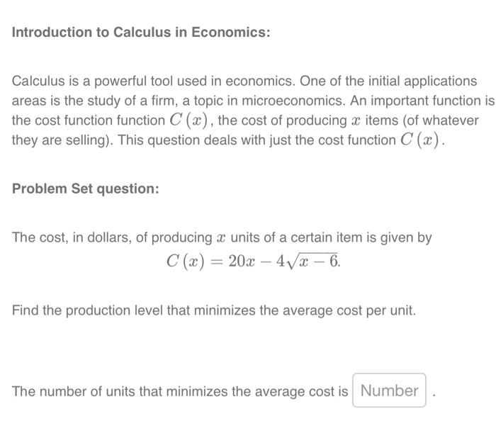 Solved Introduction to Calculus in Economics: Calculus is a | Chegg.com