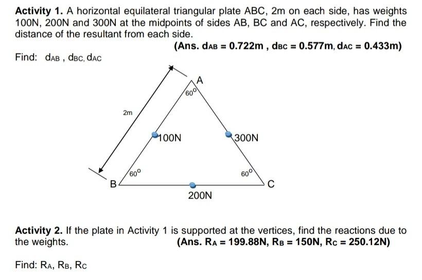 Solved Activity 1. A horizontal equilateral triangular plate | Chegg.com