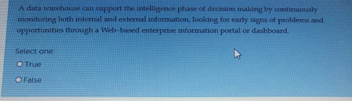 Solved A data warehouse can support the intelligence phase | Chegg.com