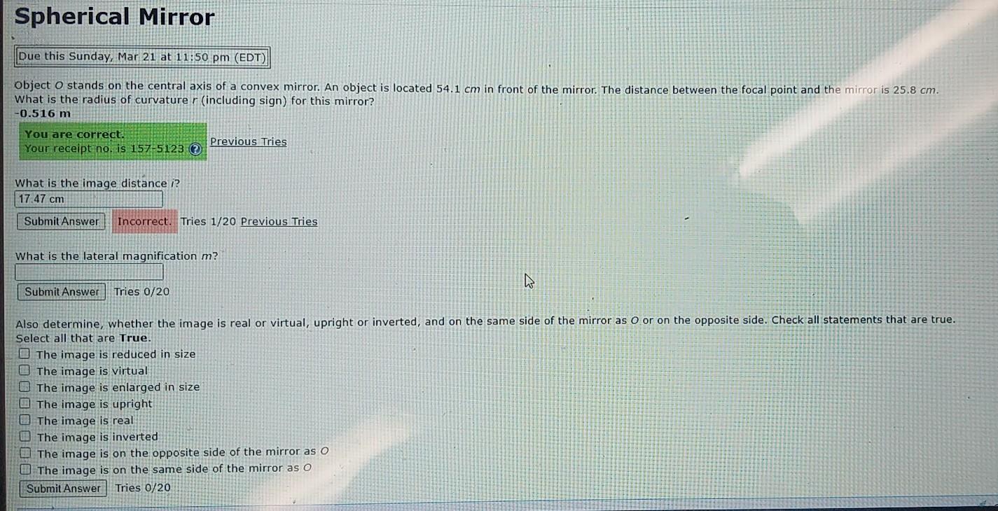 Solved Spherical Mirror Due this Sunday, Mar 21 at 11:50 pm | Chegg.com