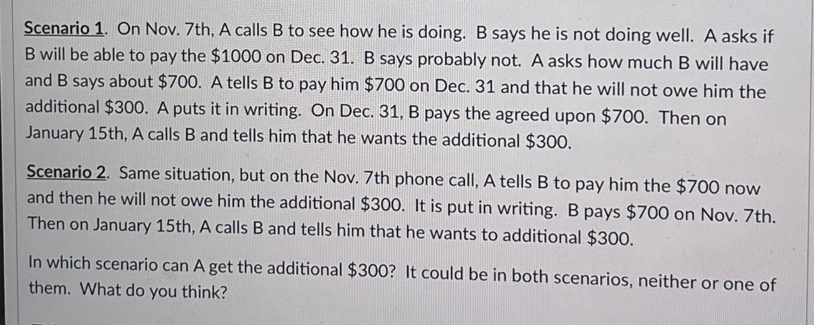 Solved Scenario 1. ﻿On Nov. 7th, ﻿A calls B to see how he is | Chegg.com