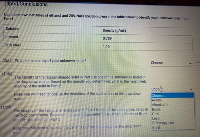 (4pts) Conclusions Use the known densities of ethanol | Chegg.com