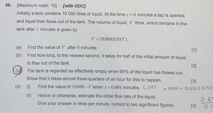 Solved 56. [Maximum mark: 10] [with GDC] Initially a tank | Chegg.com