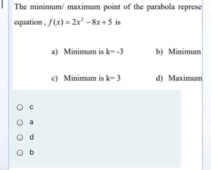 Solved The minimum/ maximum point of the parabola represe | Chegg.com