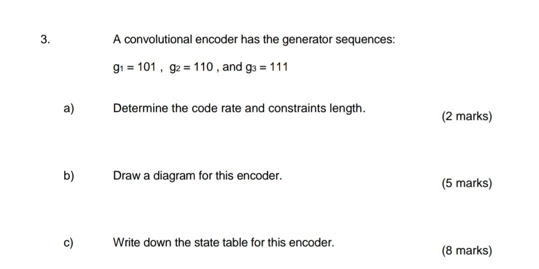 Solved 3. A convolutional encoder has the generator | Chegg.com