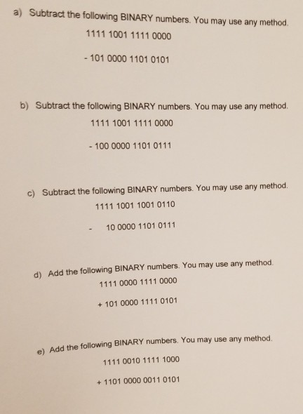 Solved a) Subtract the following BINARY numbers. You may use | Chegg.com