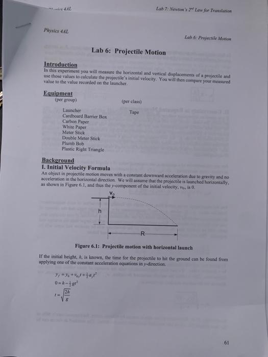 Lab 6: Projectile Motion Introduction In this | Chegg.com