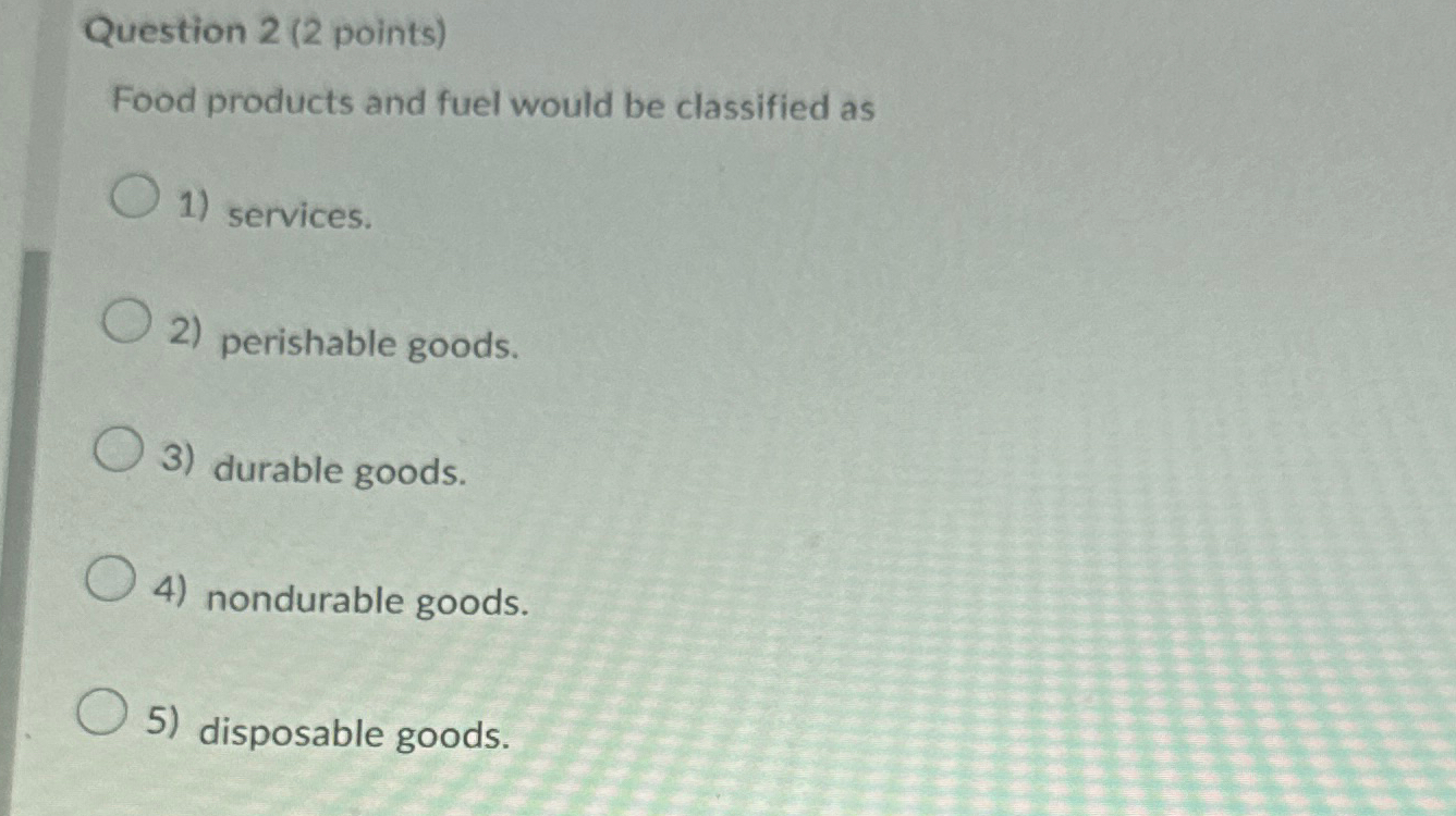 Solved Question 2 (2 ﻿points)Food products and fuel would be | Chegg.com