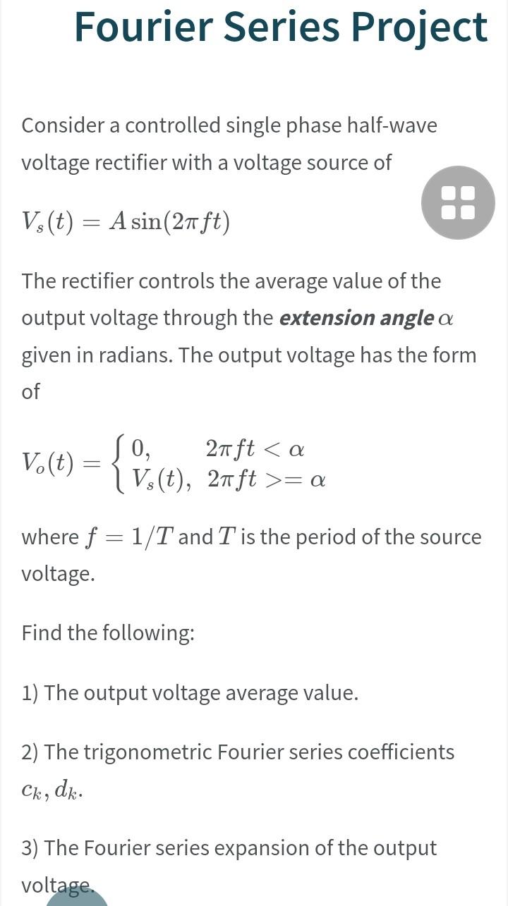 Solved Fourier Series Project Consider a controlled single | Chegg.com