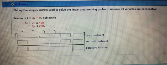 Solved O 18 points 5. Set up the simplex matrix used to | Chegg.com