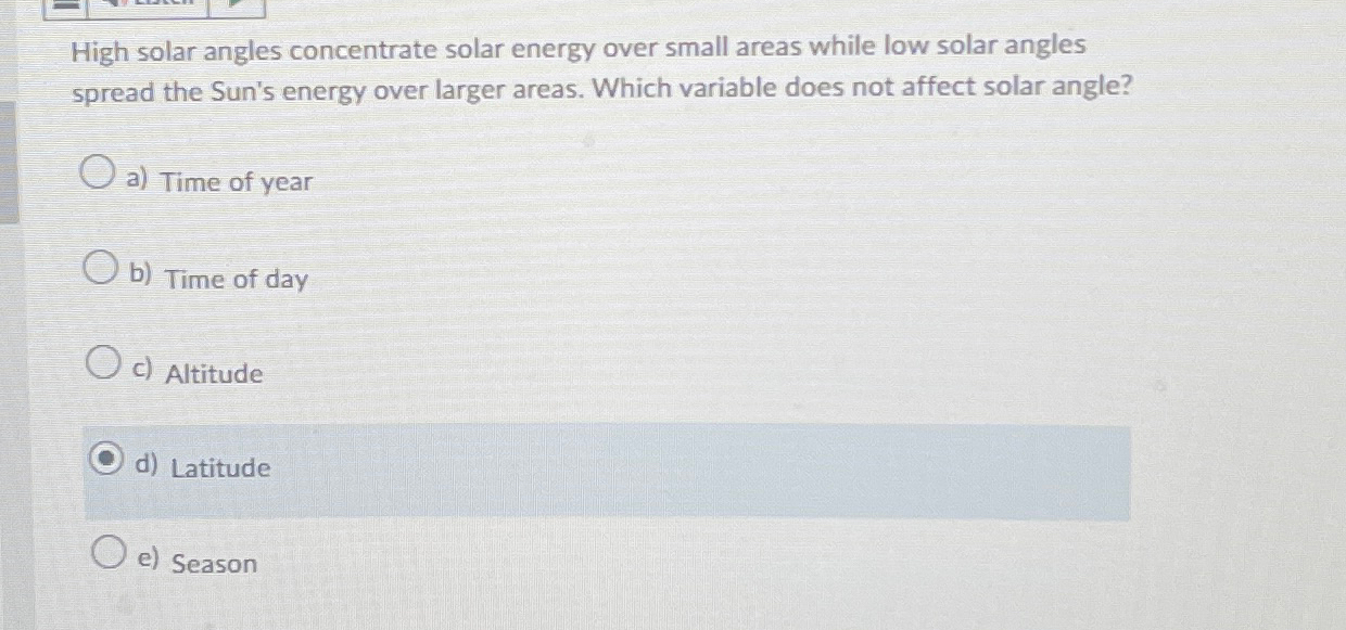 Solved High solar angles concentrate solar energy over small | Chegg.com