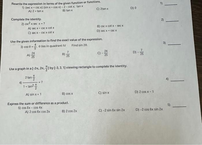 Solved Rewrite the expression in terms of the given function | Chegg.com