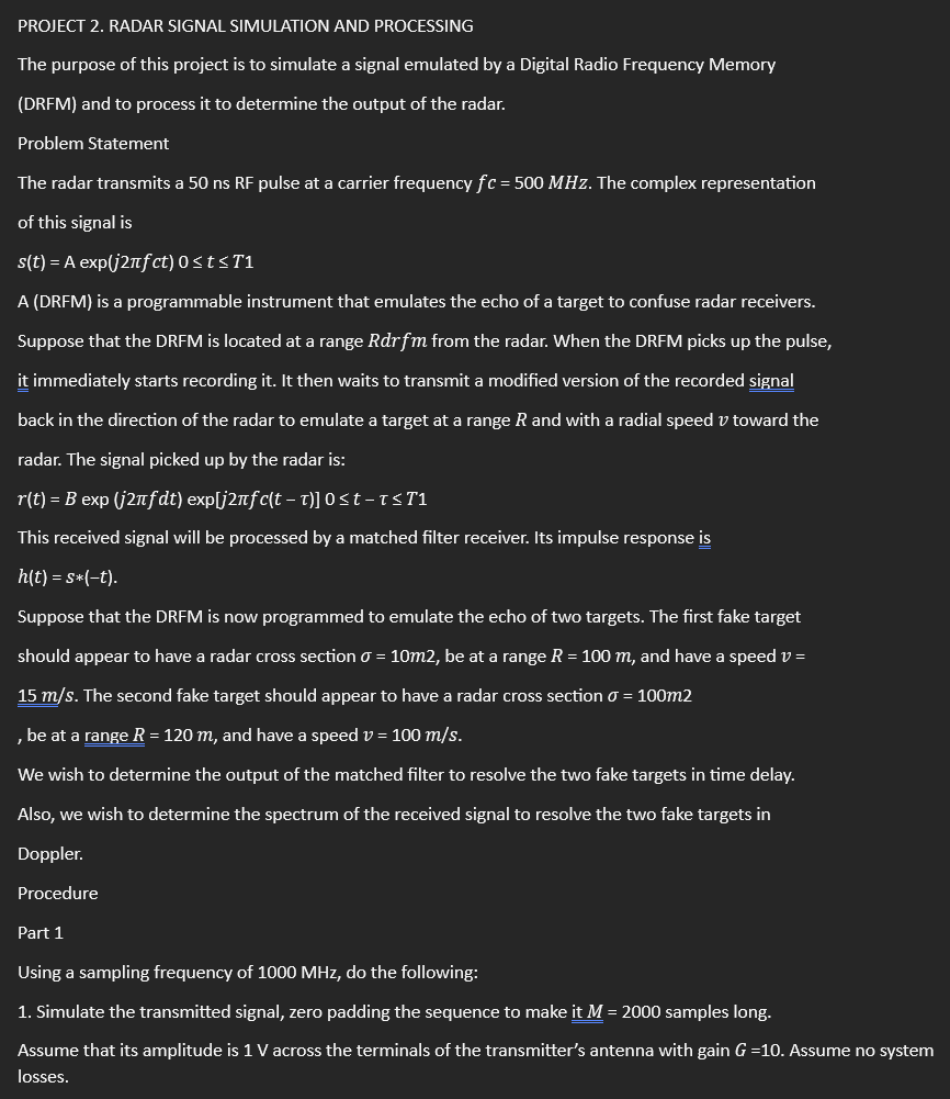 Solved PROJECT 2. RADAR SIGNAL SIMULATION AND PROCESSING The | Chegg.com