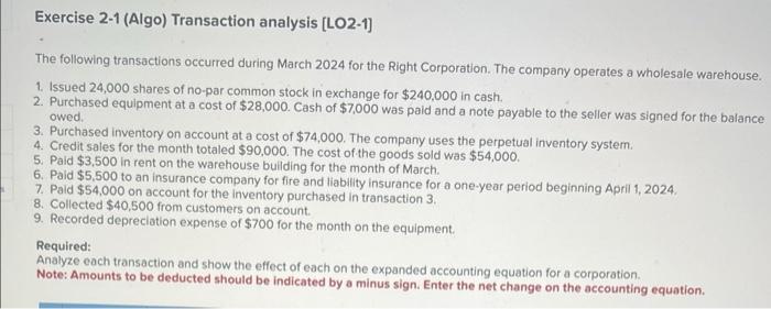 Solved Exercise 2-1 (Algo) Transaction analysis [LO2-1] The | Chegg.com
