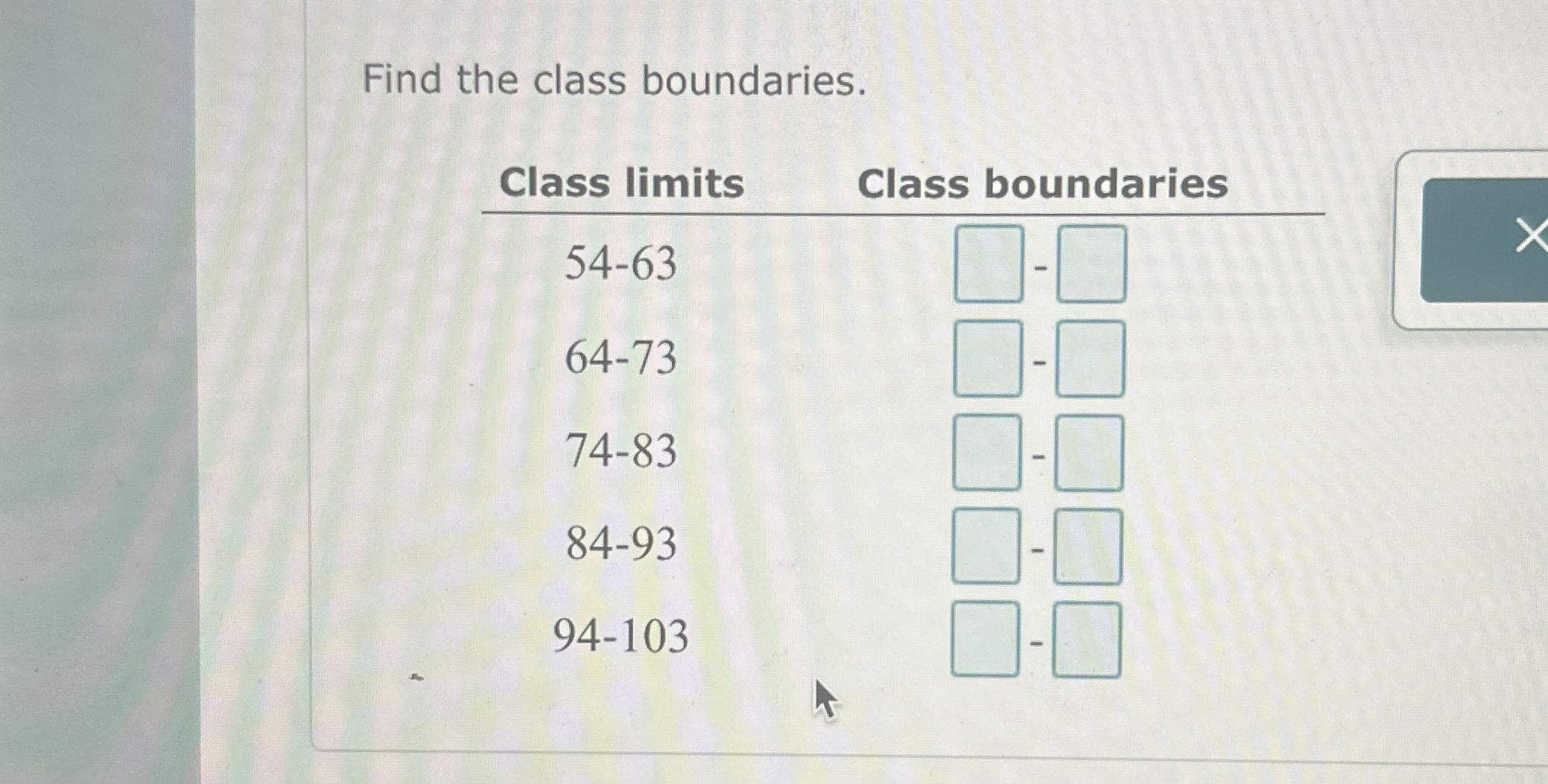 Solved Find the class boundaries.\table[[Class limits,Class | Chegg.com