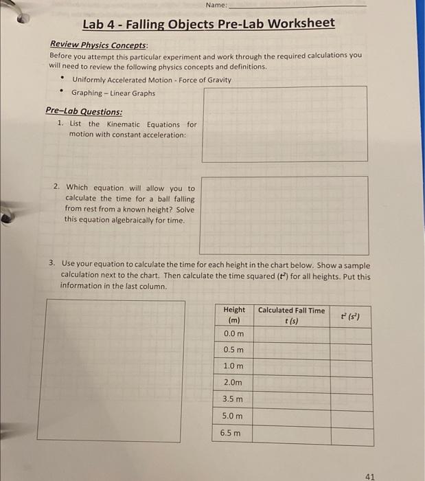 Solved Name: Lab 4 - Falling Objects Pre-Lab Worksheet | Chegg.com