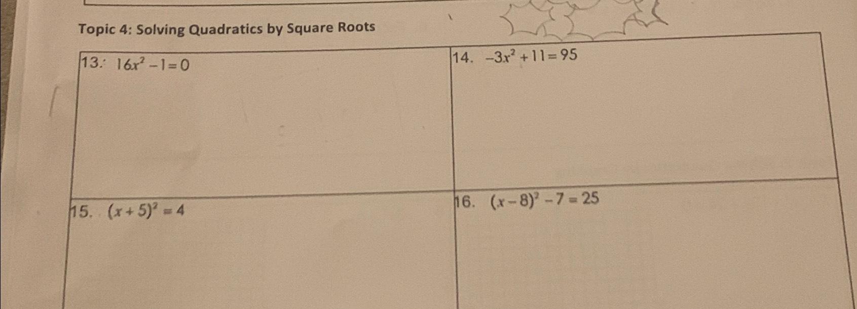Solved Topic 4: Solving Quadratics by Square Roots13: | Chegg.com