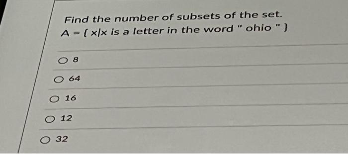 Solved Find the number of subsets of the set. A = ( xlx is a | Chegg.com