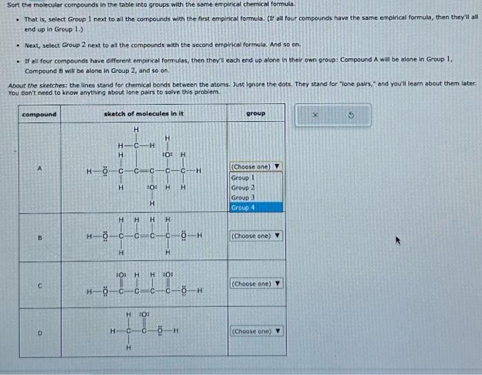 Solved Sort the molecular compounds in the table into groups | Chegg.com