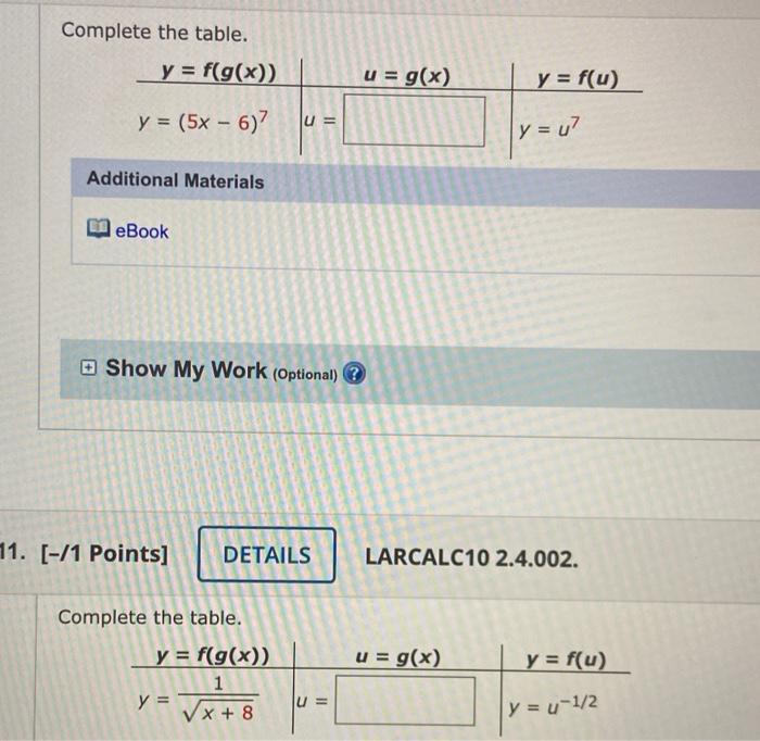 Solved Complete the table. y = f(g(x)) u = g(x) y = f(u) y = | Chegg.com