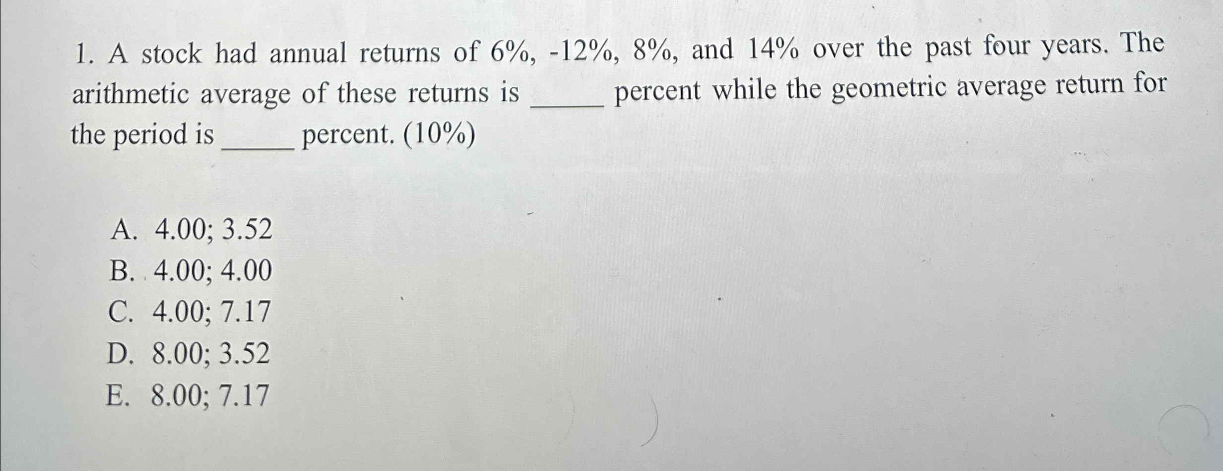 Solved A stock had annual returns of 6%,-12%,8%, ﻿and 14% | Chegg.com