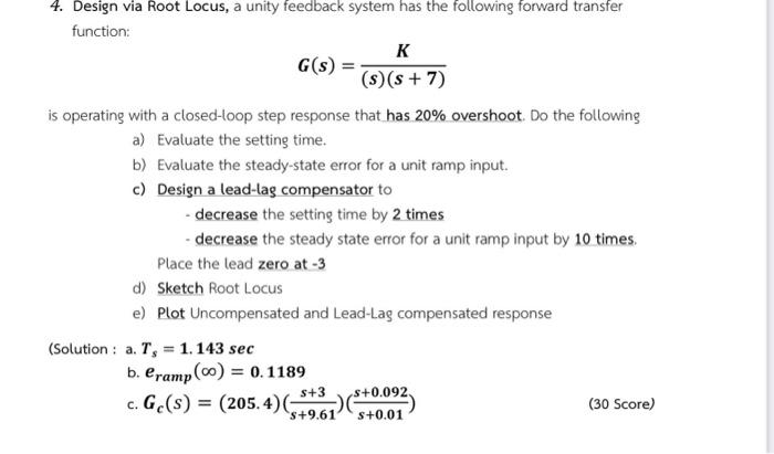 Solved 4. Design via Root Locus, a unity feedback system has | Chegg.com