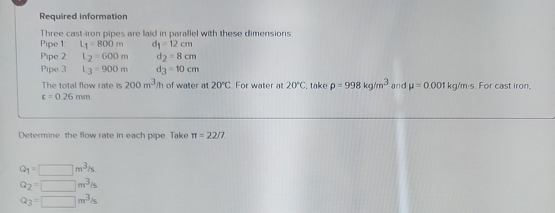 Solved Three cast-iron pipes are laid in parallel with these | Chegg.com