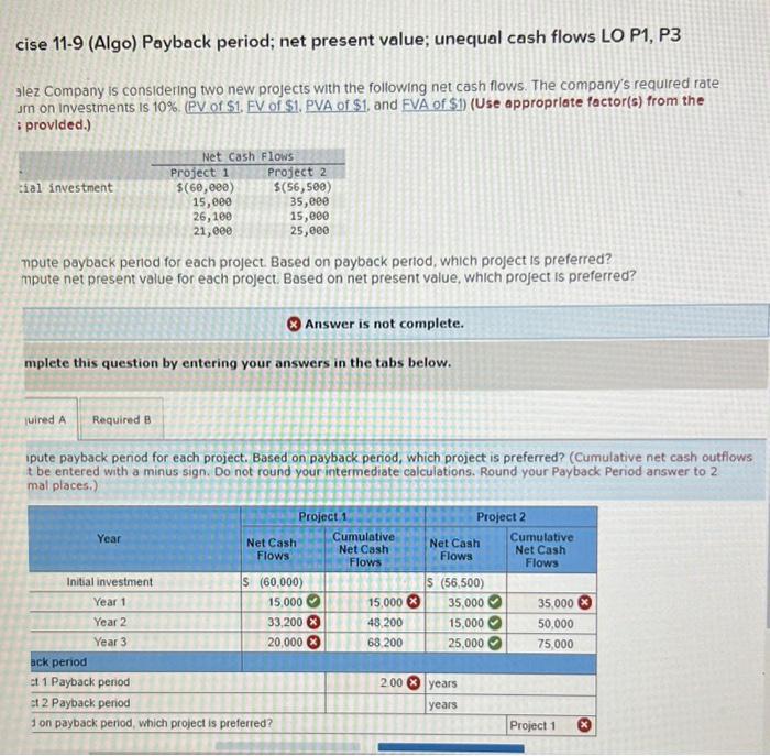 Solved cise 11-9 (Algo) Payback period; net present value; | Chegg.com