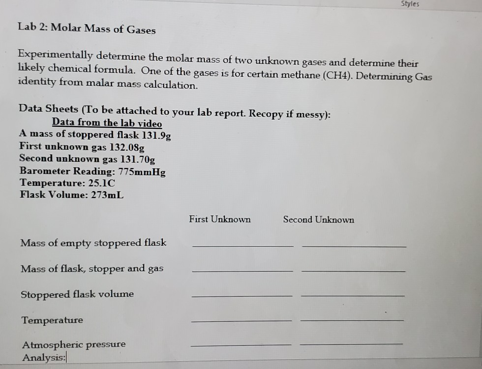 Solved Styles Lab 2: Molar Mass of Gases Experimentally | Chegg.com