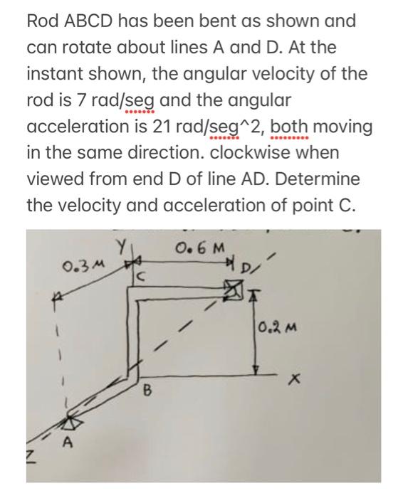Solved Rod ABCD has been bent as shown and can rotate about | Chegg.com