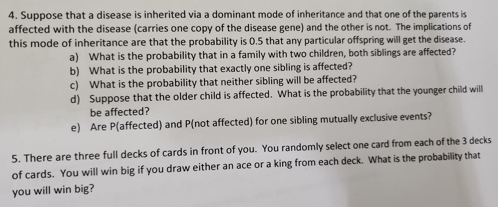 Solved 4. Suppose that a disease is inherited via a dominant | Chegg.com