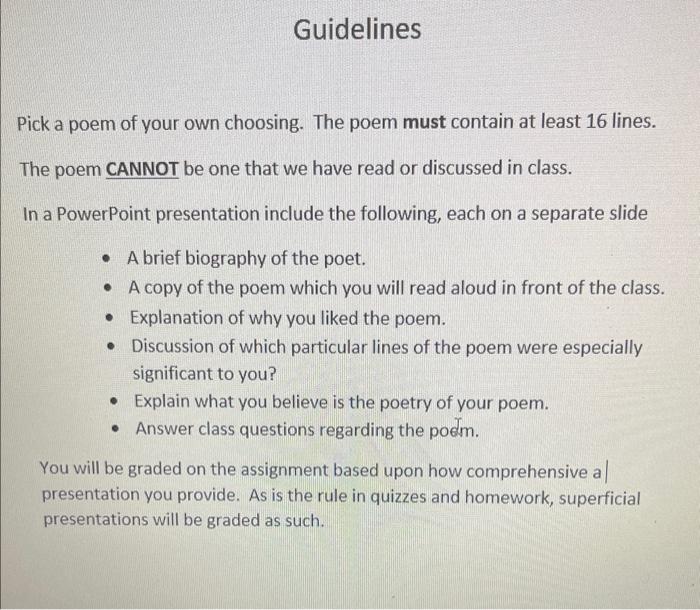 Pick a poem of your own choosing. The poem must | Chegg.com