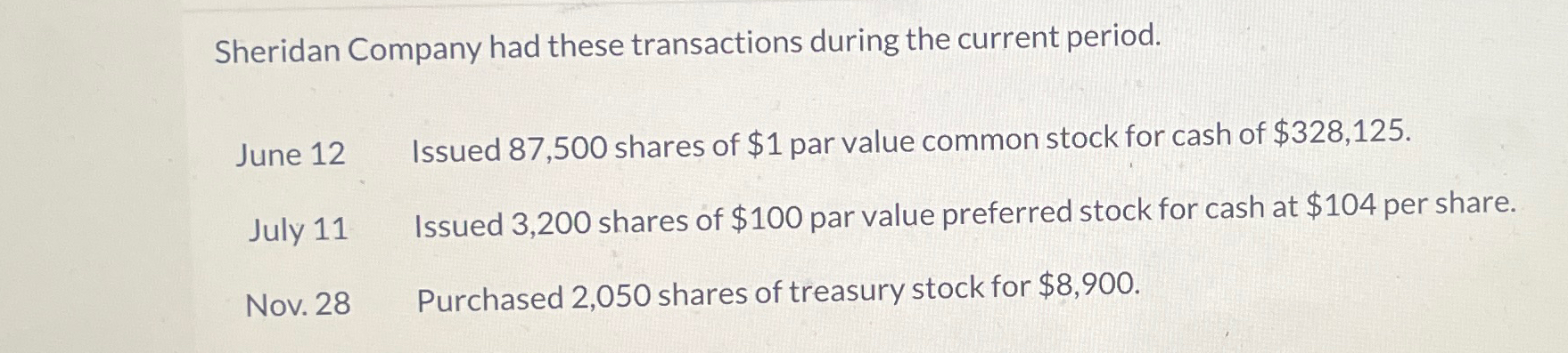 Sheridan Company had these transactions during the | Chegg.com