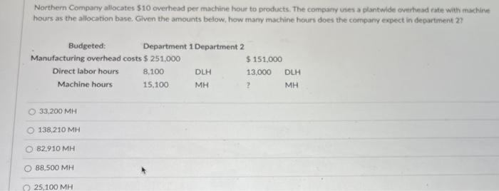 Solved Northern Company allocates $10 overhead per machine | Chegg.com