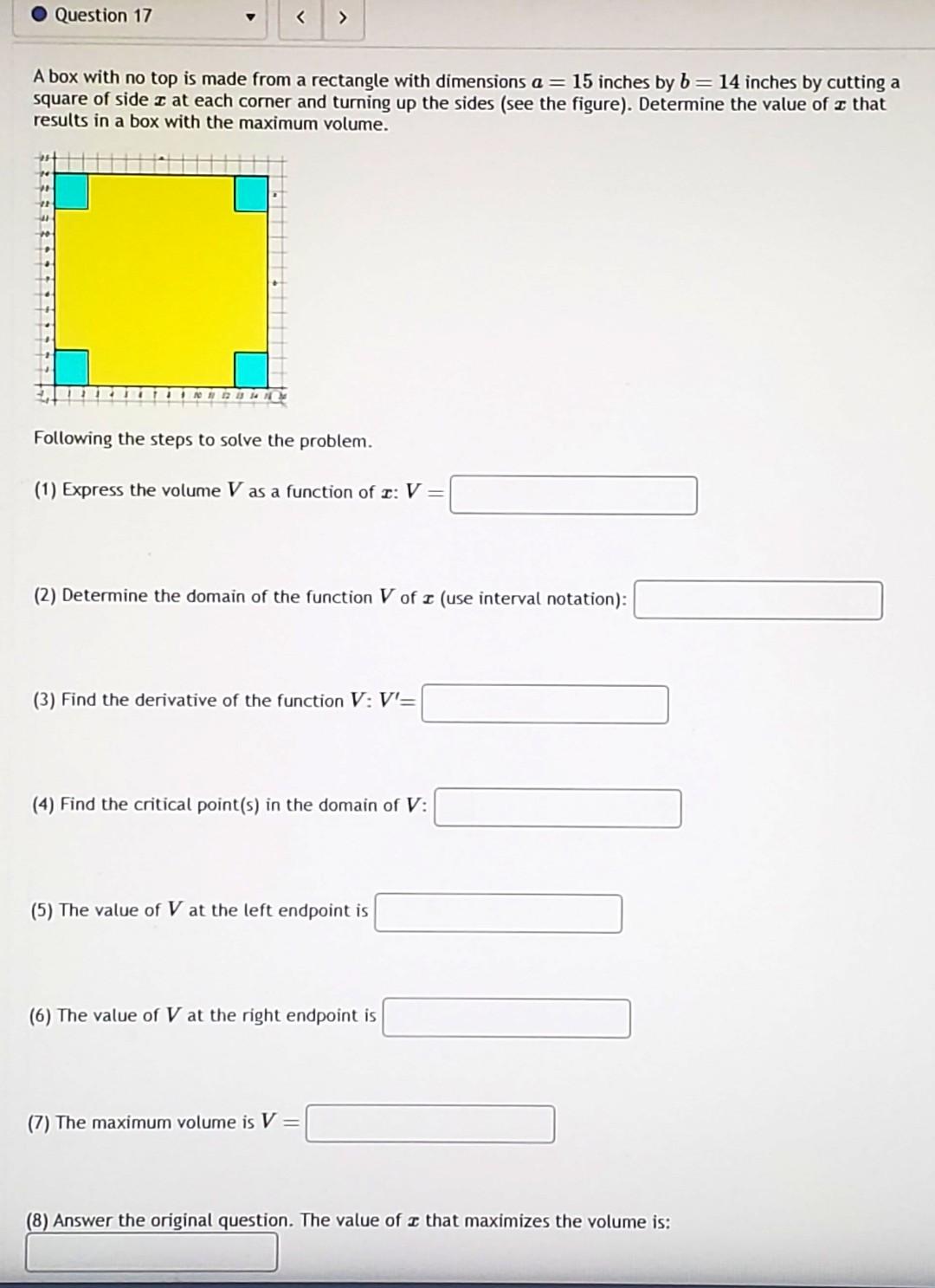 Solved A box with no top is made from a rectangle with | Chegg.com