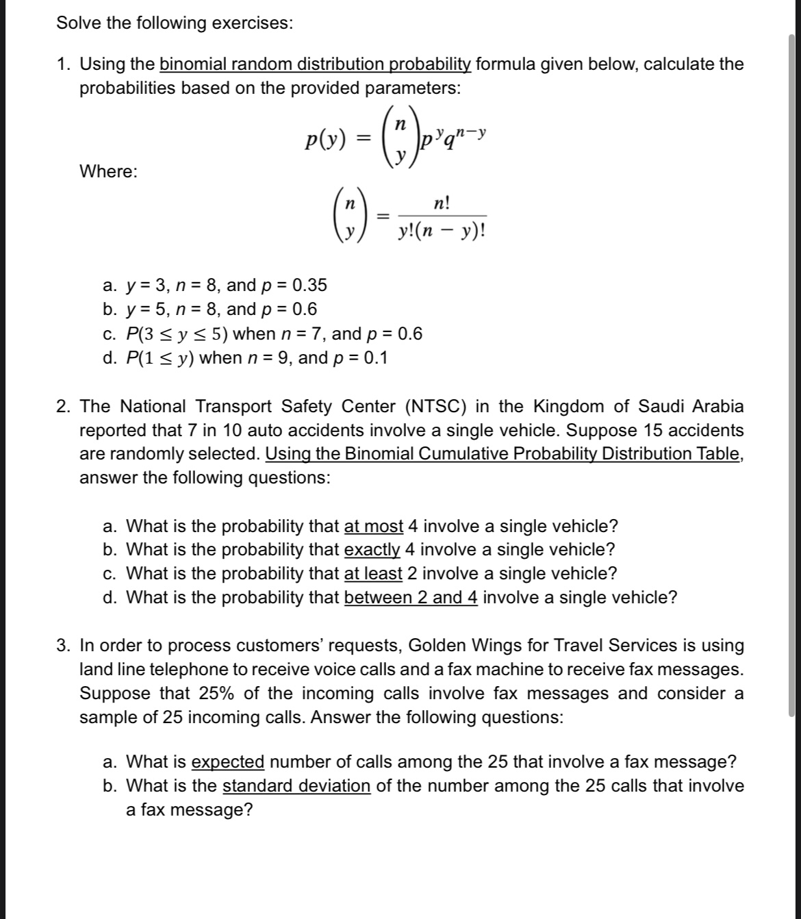 Solved Solve the following exercises:Using the binomial | Chegg.com