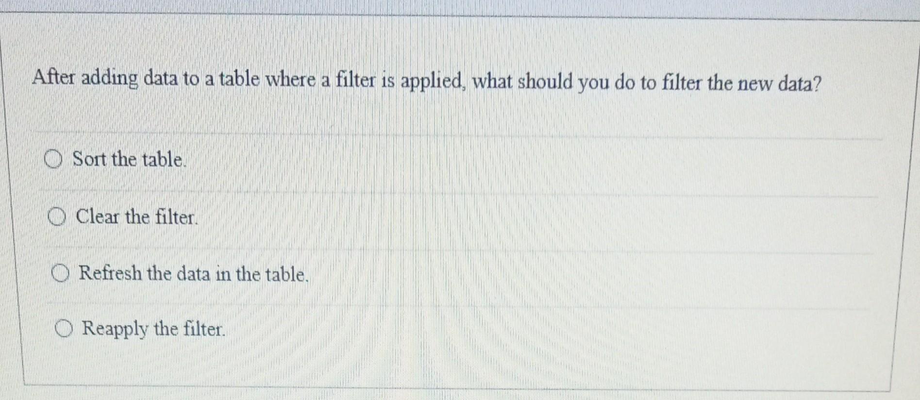 Solved After adding data to a table where a filter is | Chegg.com
