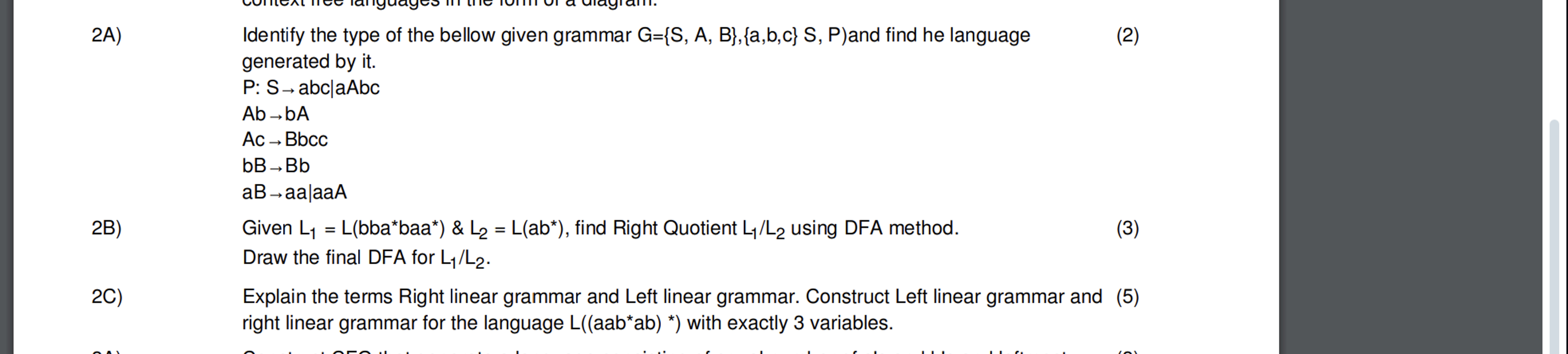 Solved 2A) ﻿Identify the type of the bellow given grammar | Chegg.com