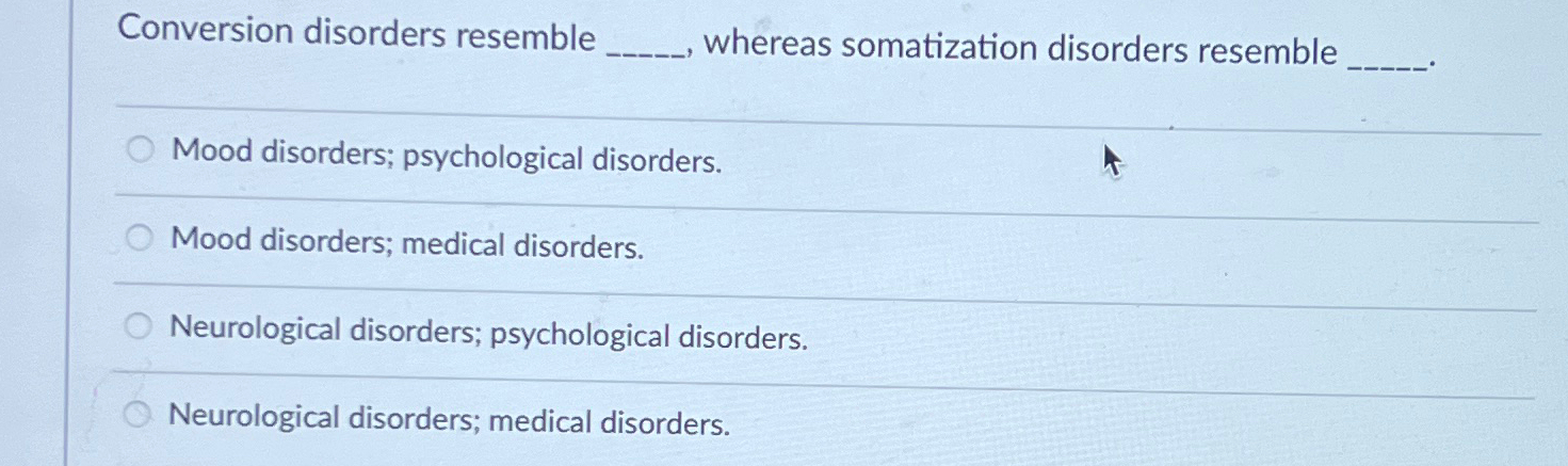 Solved Conversion disorders resemblewhereas somatization | Chegg.com