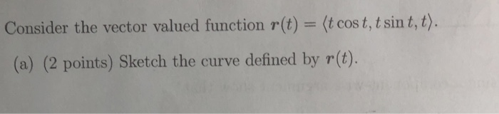 Solved Consider the vector valued function r(t) = (t cost, t | Chegg.com