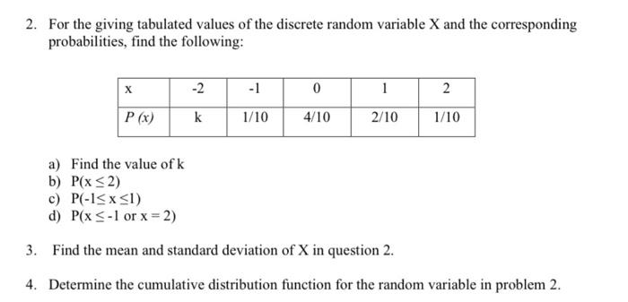 Solved 2. For the giving tabulated values of the discrete | Chegg.com