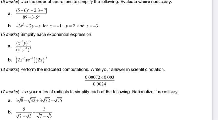 Solved (5 marks) Use the order of operations to simplify the | Chegg.com