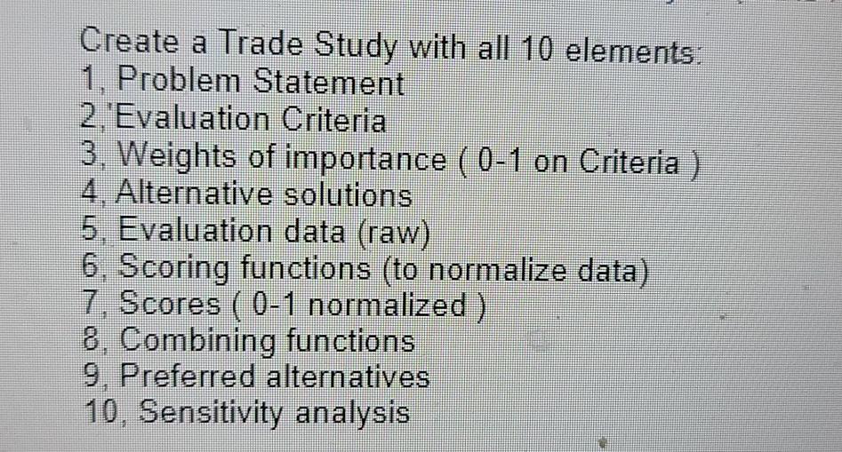 Solved Create a Trade Study with all 10 elements: 1. Problem | Chegg.com