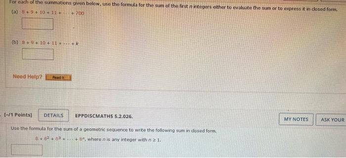Solved For each of the summations given below, use the | Chegg.com