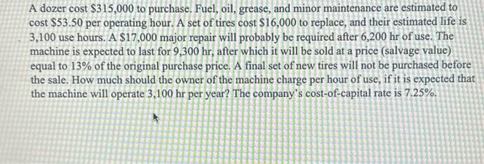 Solved A dozer cost $315,000 to purchase. Fuel, oil, grease, | Chegg.com