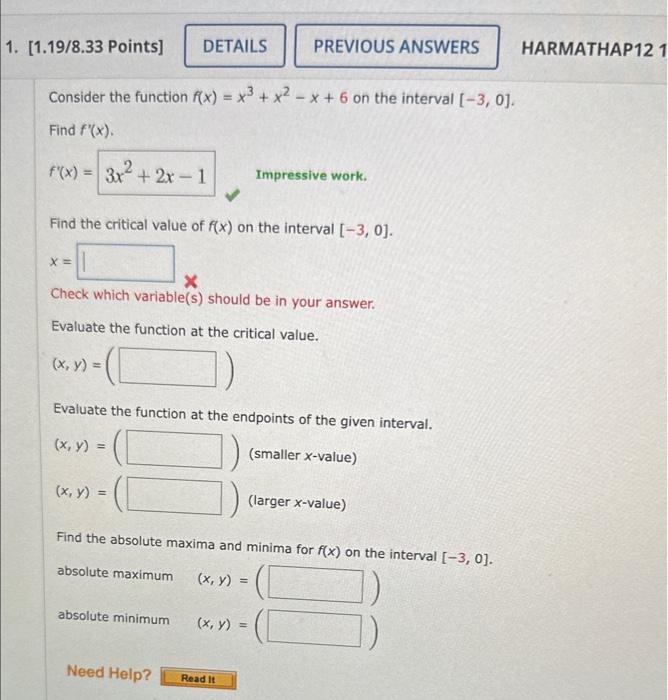 Solved Consider the function f(x)=x3+x2−x+6 on the interval | Chegg.com