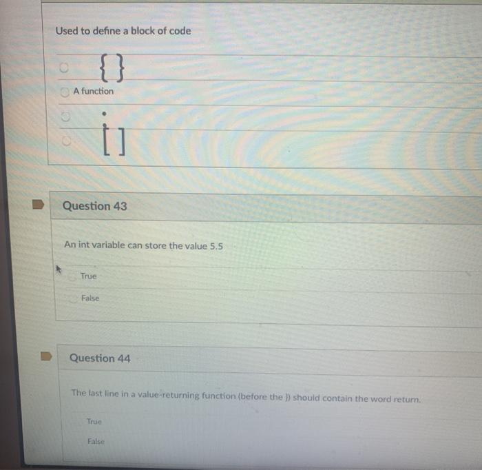 Solved Used To Define A Block Of Code A Function 01 Question Chegg