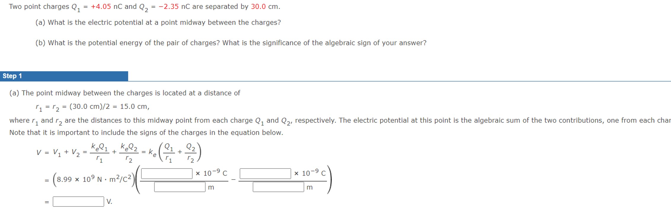Solved Two point charges Q1=+4.05nC ﻿and Q2=-2.35nC ﻿are | Chegg.com